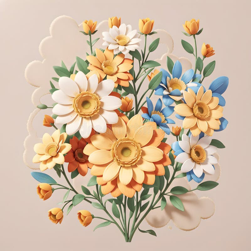Flower Bouquet in Retro Style, 3d Render Illustration Stock ...