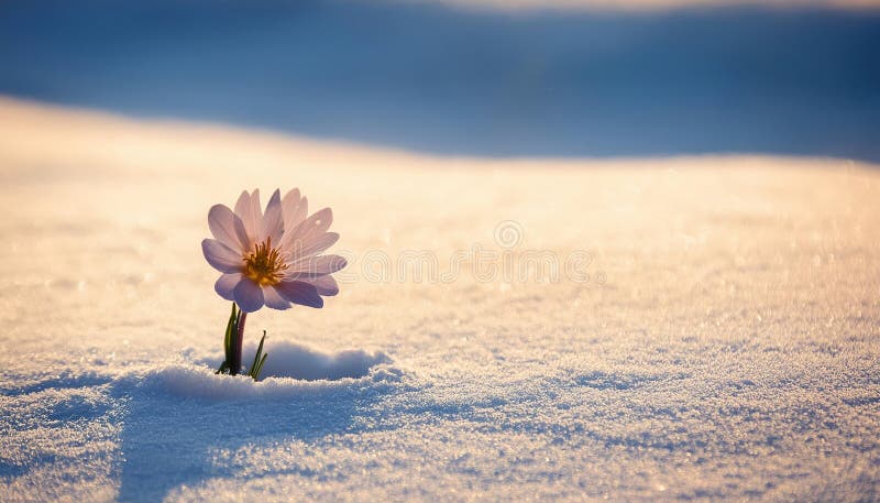 Flower Breaking through Snow, Symbolizing Growth Under Soft Sunlight ...