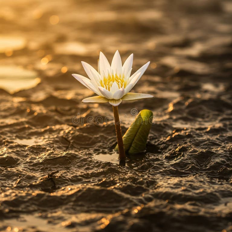 The Flower Breaks through the Mud, Illuminated by the Evening Sun ...