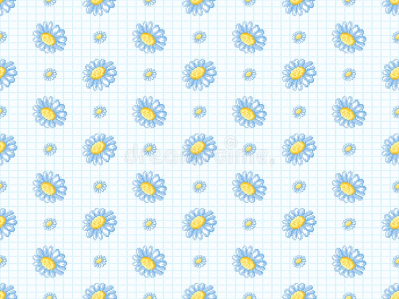 Flower Seamless Pattern on Blue Background. Pixel Style Stock ...