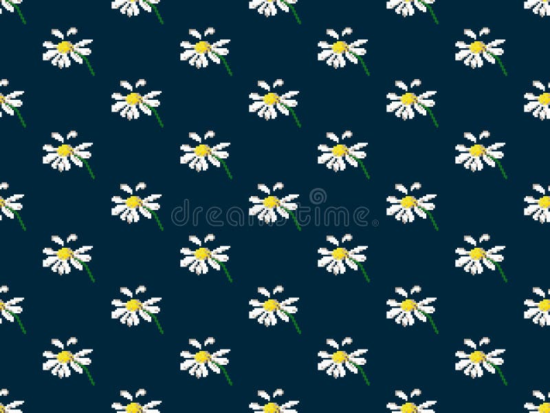 Flower Seamless Pattern on Blue Background. Pixel Style Stock ...