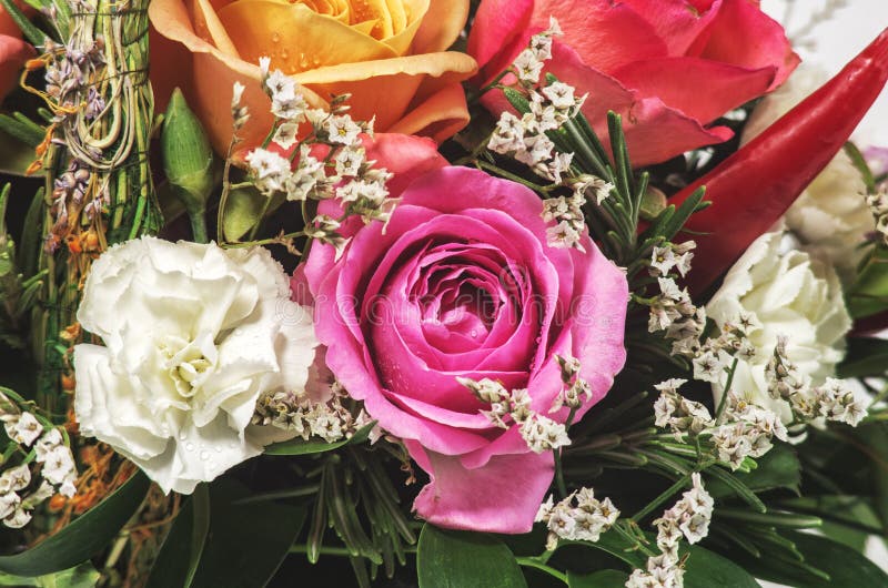 Flower Composition with Pink Rose and Red Pepper Stock Image - Image of ...