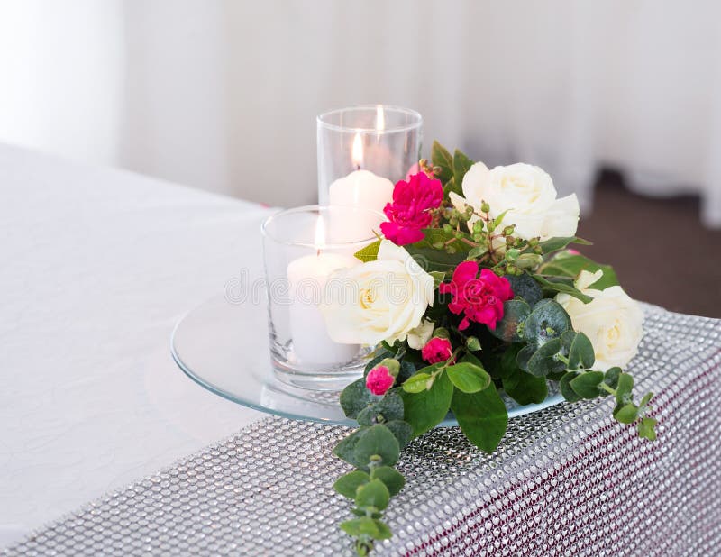 Flower Composition with Two Candles. on Table, for Wedding, Party Stock ...
