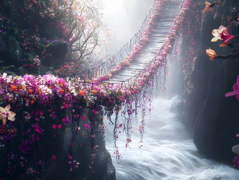 A Flower-covered Suspension Bridge Stock Illustration - Illustration of ...