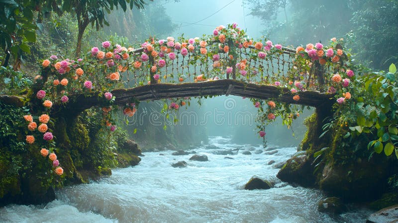 A Flower-covered Suspension Bridge Stock Illustration - Illustration of ...
