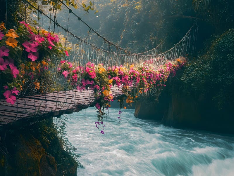 A Flower-covered Suspension Bridge Stock Illustration - Illustration of ...