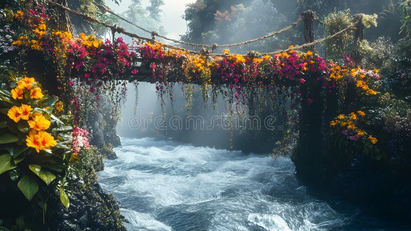 A Flower-covered Suspension Bridge Stock Illustration - Illustration of ...