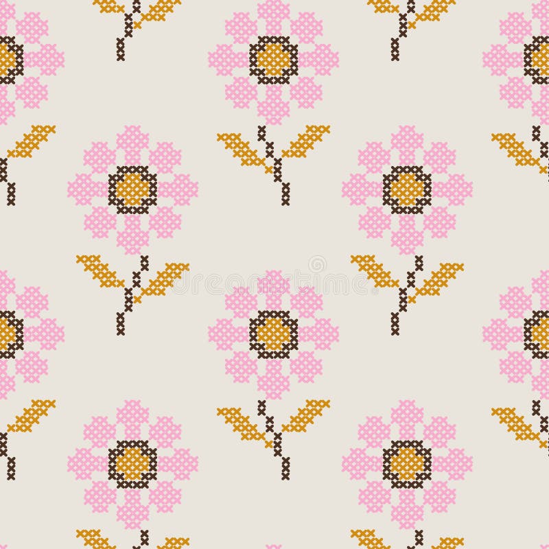Flower Cross Stitch Embroidery, Vector Seamless Pattern Stock Vector ...