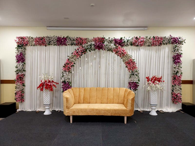 Flower Decoration on White Curtain in Banquet Hall Stock Photo - Image ...