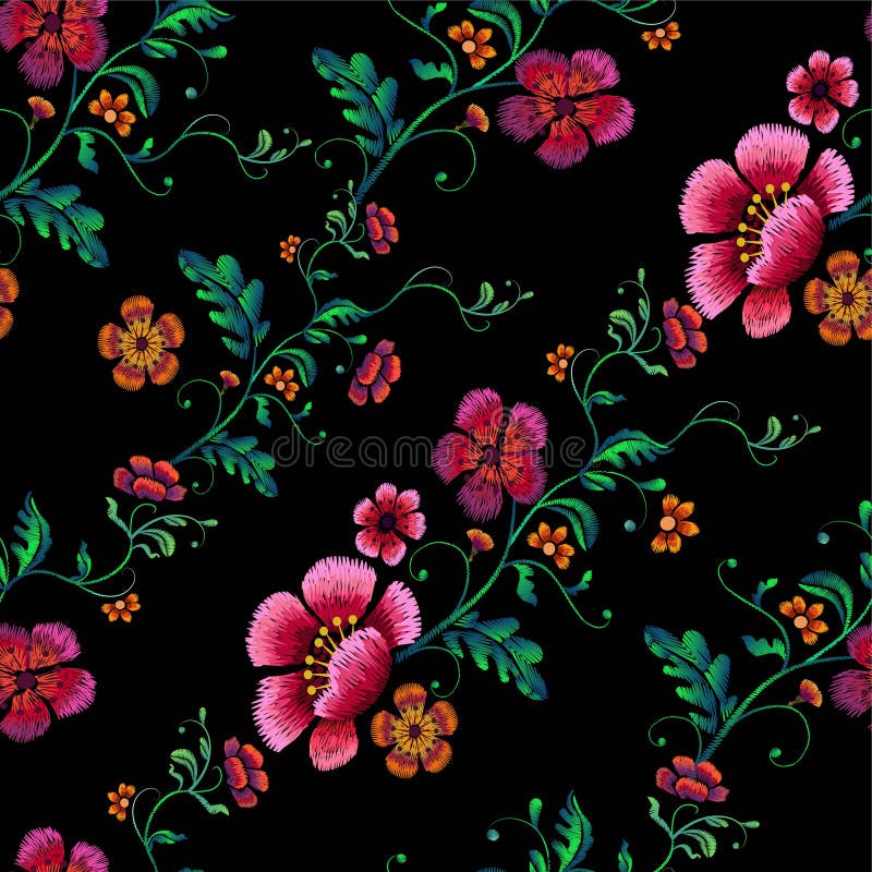 Flower Design Embroidery Seamless Pattern Vector Illustration Stock ...