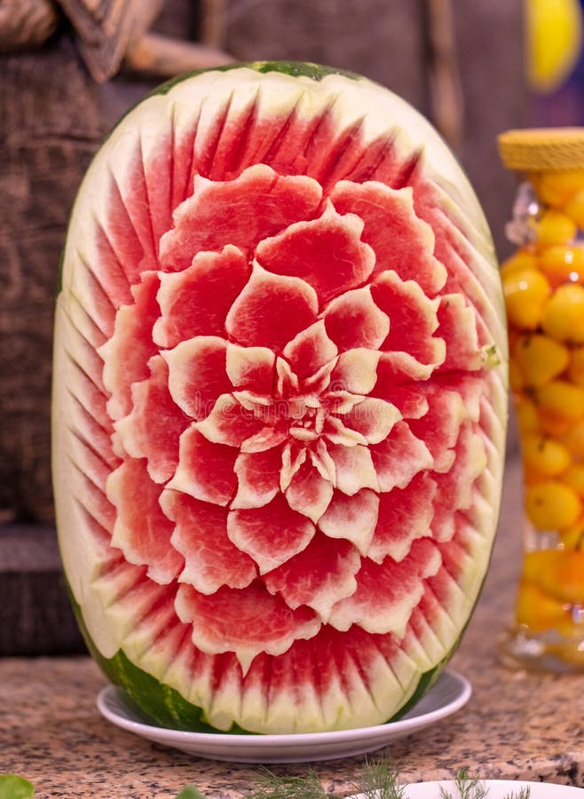 Flower Drawing Carved in Watermelon. Stock Photo - Image of food ...