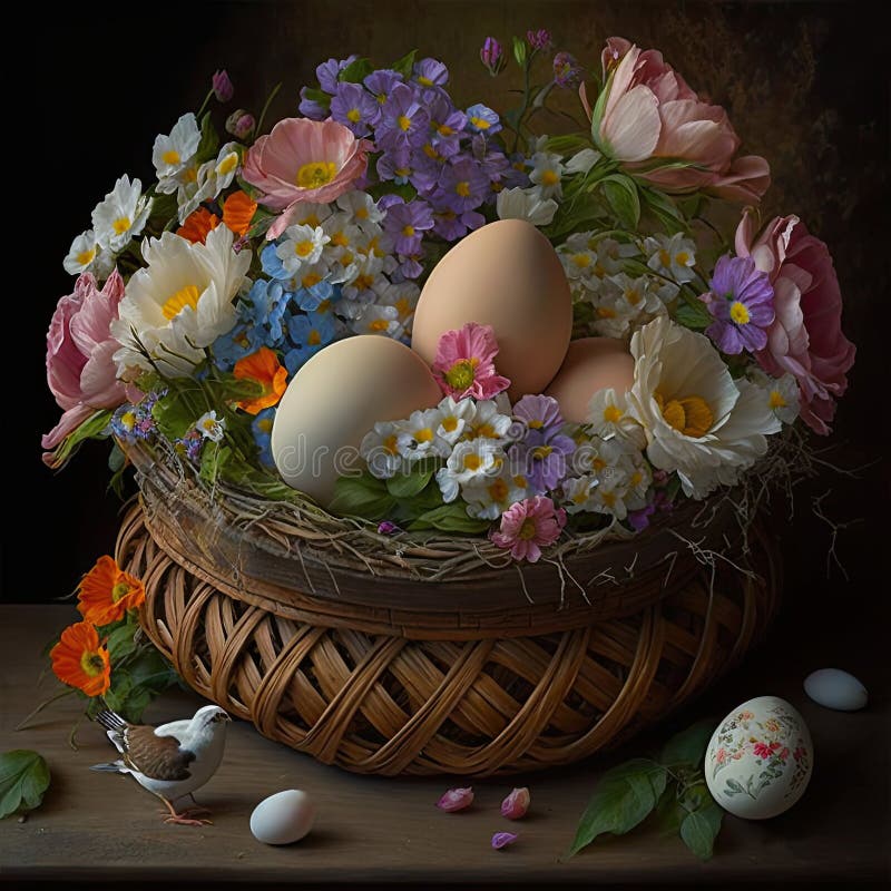 Flower Easter Basket with Eggs. Generative AI Stock Illustration ...