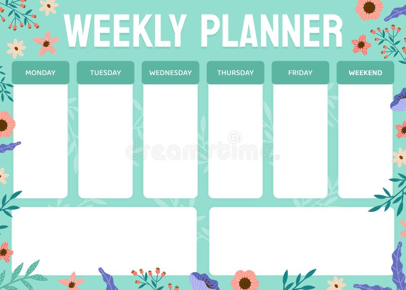Flower Empty Weekly Planner Design with Blooming Flora Vector Template ...