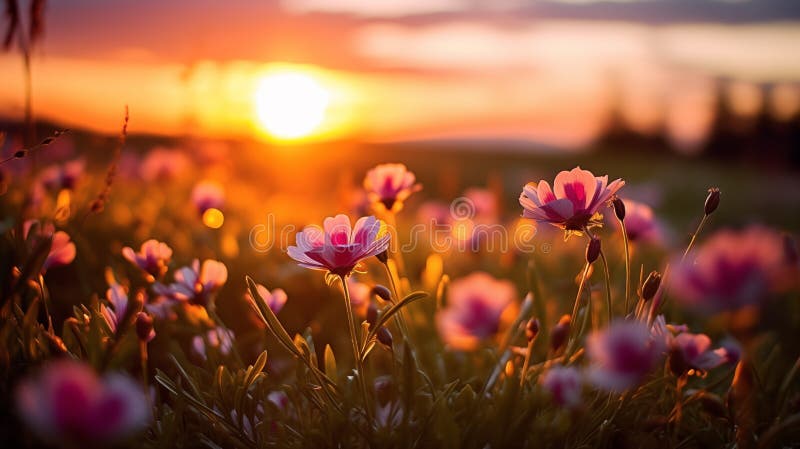 Flower Field in the Evening Light, Setting Sun Closeup.Generative AI ...