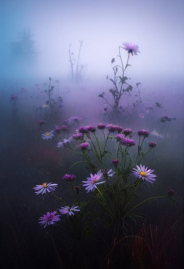 Flower Field in the Fog. AI Generated Stock Illustration - Illustration ...