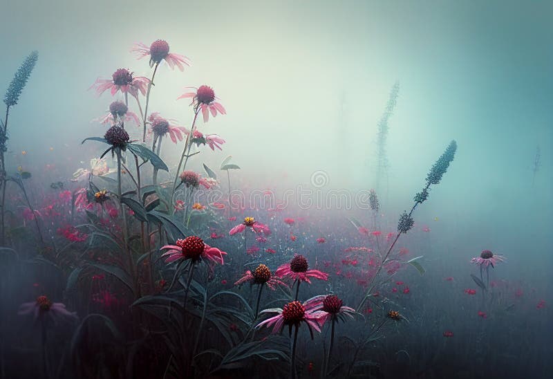 Flower Field in the Fog. AI Generated Stock Illustration - Illustration ...