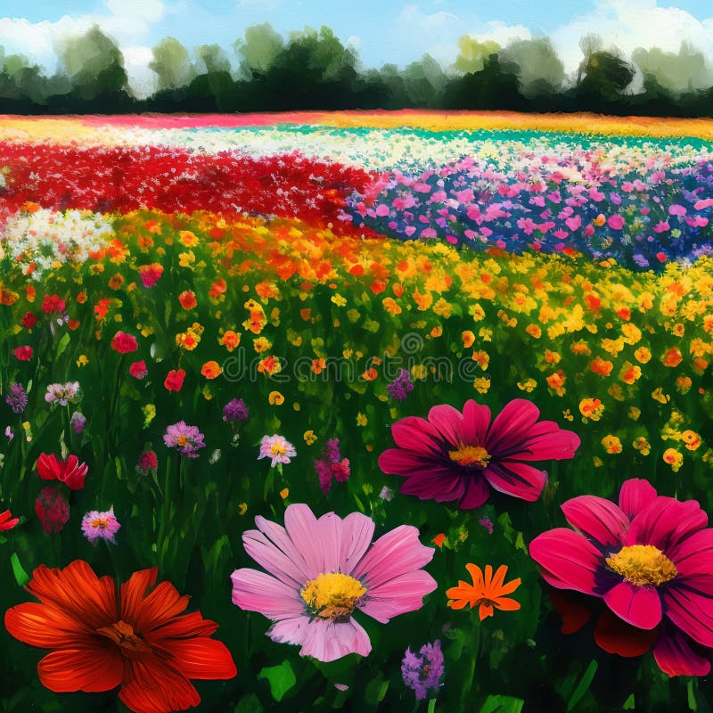 Flower Field, Oil Paint, Generative AI Illustration Stock Illustration ...