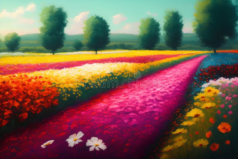 Flower Field, Oil Paint, Generative AI Illustration Stock Illustration ...