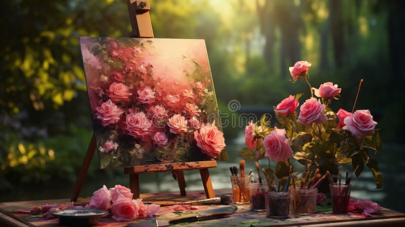 Flower-Filled Easel in Outdoor Park. Banner with Place for Text Stock ...