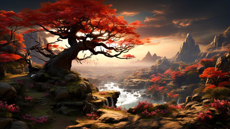 A Flower Garden with an Ancient Tree Stock Illustration - Illustration ...