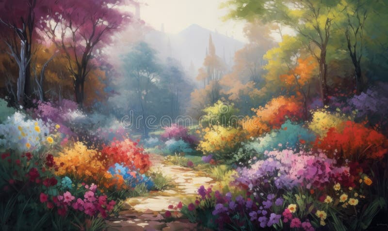 Flower Garden Landscape Painting Stock Illustration - Illustration of ...