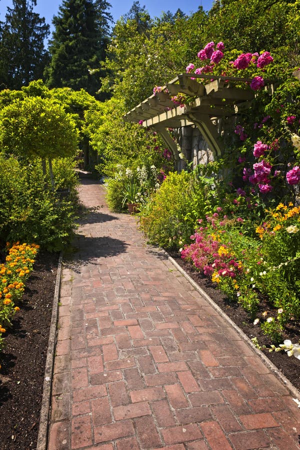 Flower Garden with Paved Path Stock Photo - Image of landscape ...