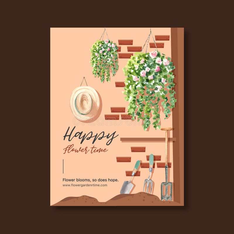 Flower Garden Poster Design with Garden Tools, Hat Watercolor ...