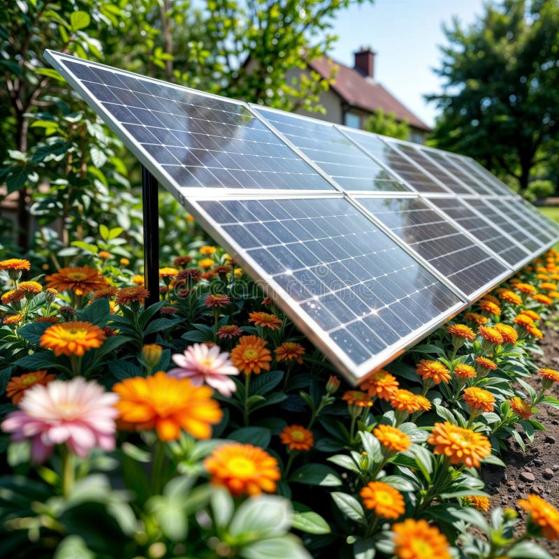 Flower Gardens Enhanced with Residential Solar Panels, Generative Ai ...