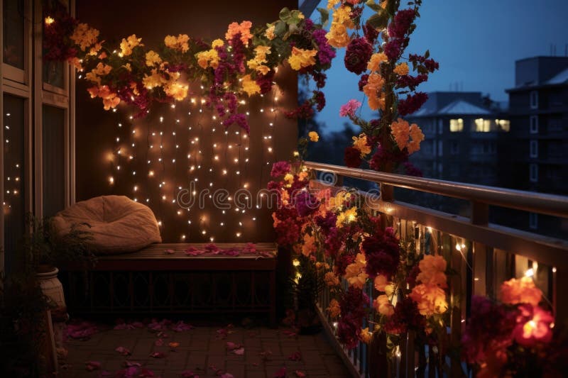 Flower Garlands and String Lights Decorating a Balcony Stock Image - Image of balcony ...