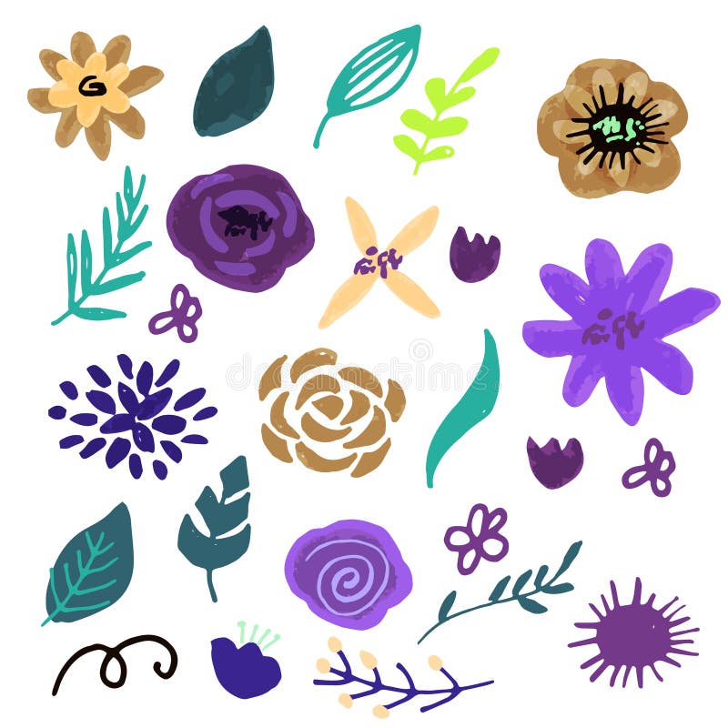 Flower Graphic Design. Vector Set of Floral Elements with Hand Drawn ...