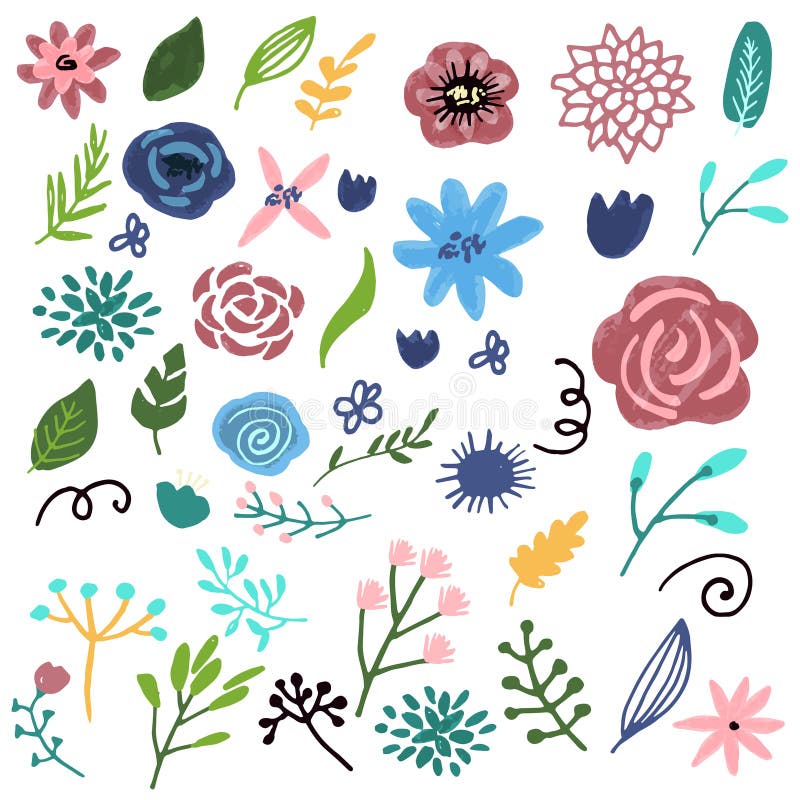 Flower Graphic Design. Vector Set of Floral Elements with Hand Drawn ...