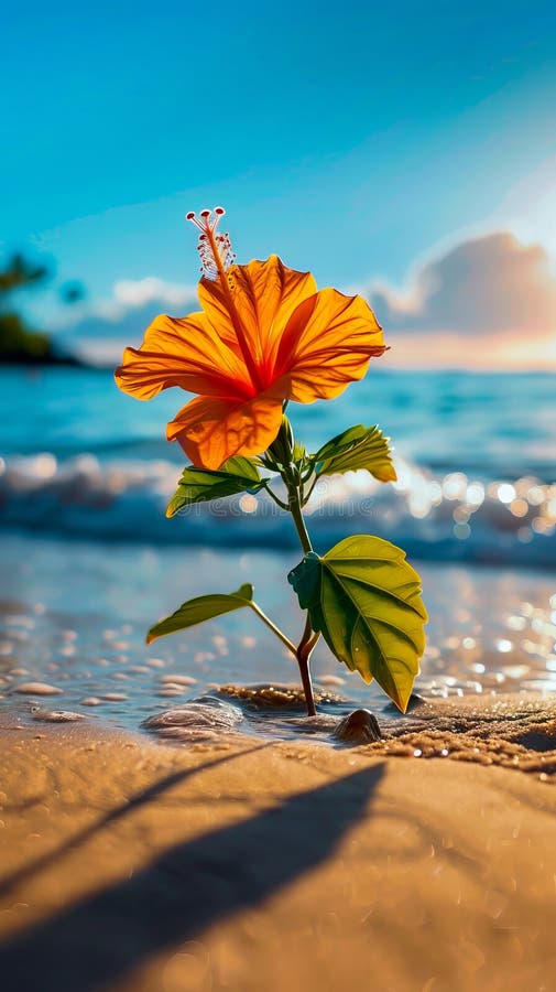 A Flower Growing on the Beach at Sunset Stock Image - Image of yellow ...