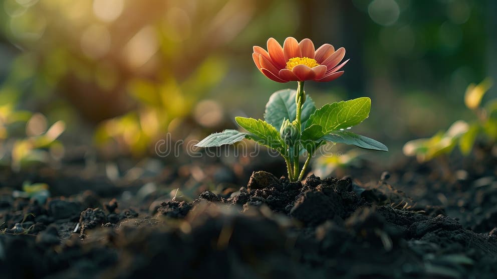 A Flower Growing in the Dirt with Sunlight Stock Photo - Image of land ...