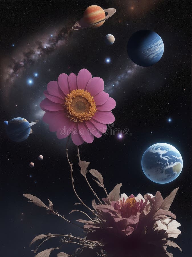 A Flower Growing in Outer Space with Planets, Galaxies and Spaceships ...