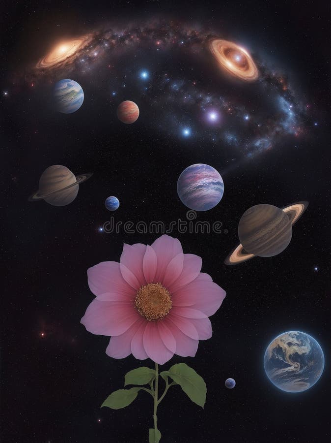 A Flower Growing in Outer Space with Planets, Galaxies and Spaceships ...