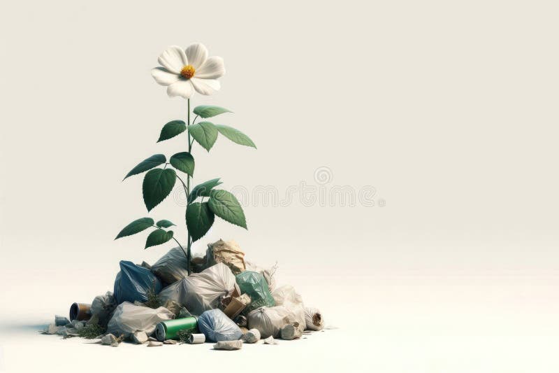 A Flower Growing from a Pile of Garbage. Space for Text. Stock Photo ...