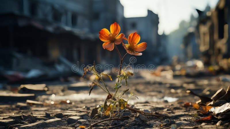 A Flower of Hope in City with Buildings Destroyed. Generative AI. Stock ...