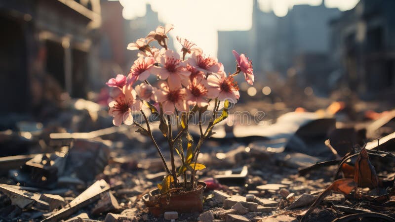 A Flower of Hope in City with Buildings Destroyed. Generative AI. Stock ...