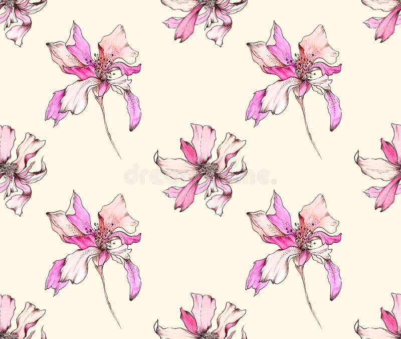 All Over Cream Seamless Vector Flowers with Leaves Pattern on Grey ...