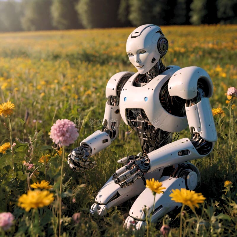 A Humanoid Robot Admires a Flower, Lying in a Field, Holding a Flower ...