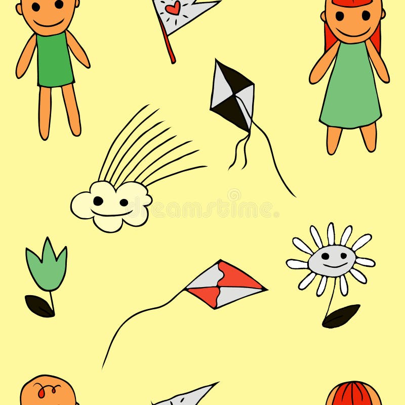 Flower, Kite Flying, Cloud, Boy, Girl3 Stock Illustration ...