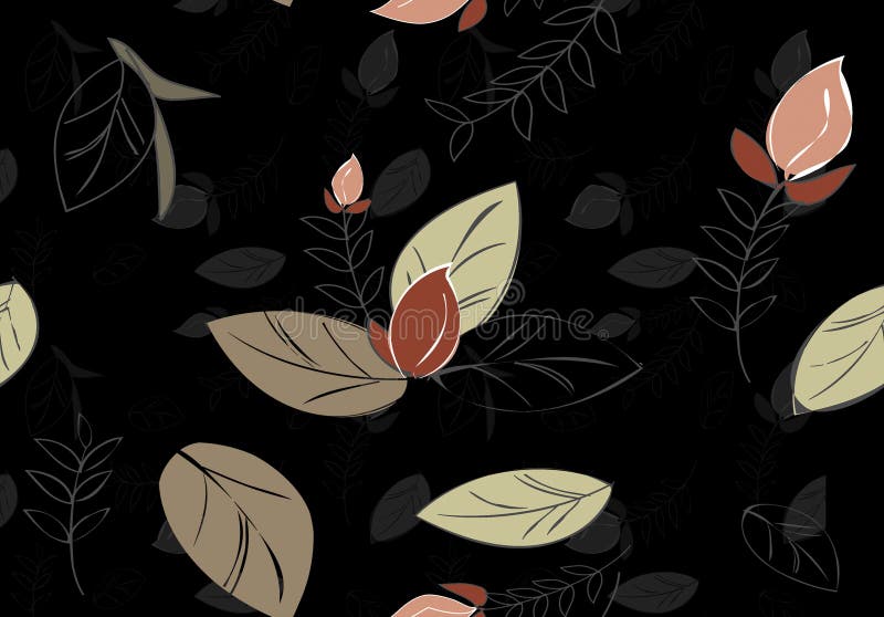 Flower Leaf Black Background Seamless Pattern Stock Illustration ...