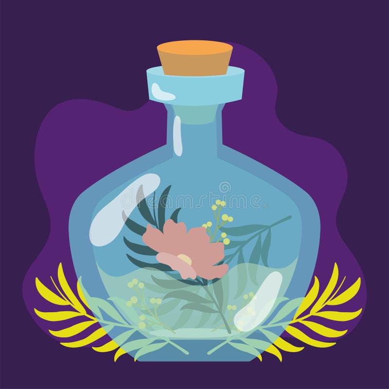 Flower and Leaves Potion Bottle on Dark Background Vector Stock Vector ...