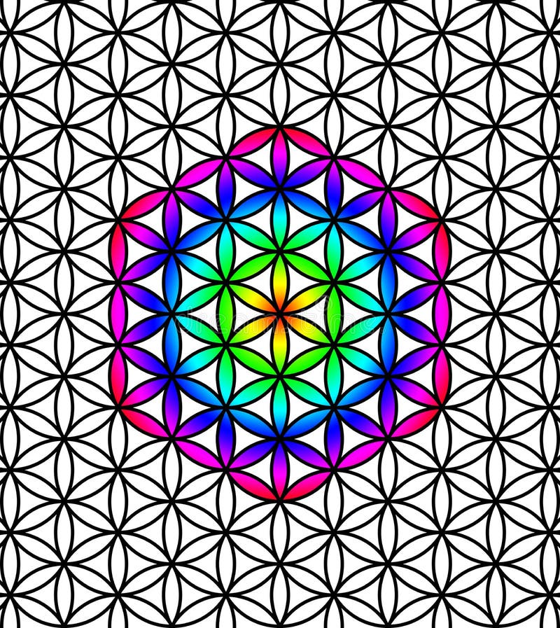 Flower of Life Symbol with Mesh, 19 Circle in Rainbow Colors Stock ...