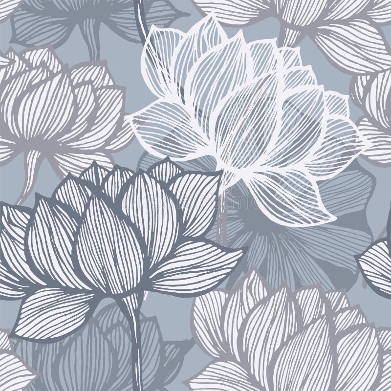 Flower Line Art. Vector Floral Background. Blue and Grey Art Deco ...