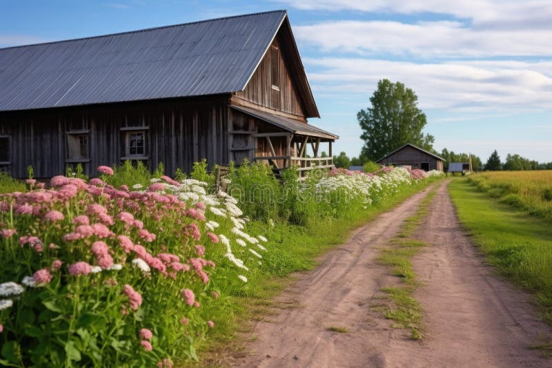 A Flower-lined Path Leading To a Rustic Wooden Barn Stock Photo - Image ...