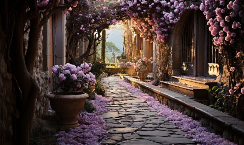 Flower-Lined Walkway stock image. Image of greenery - 337794939