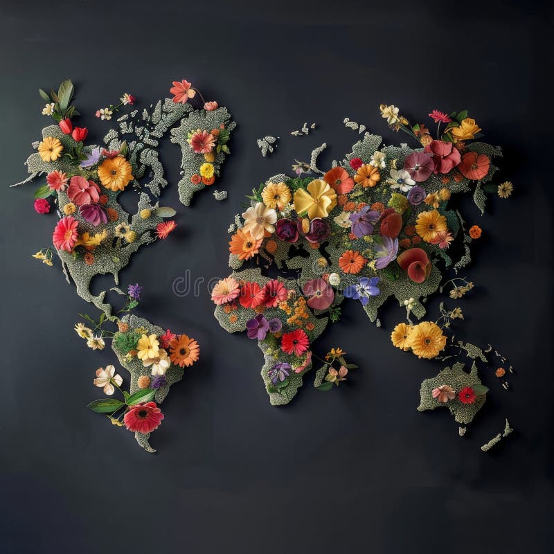Flower Map, a World Map Made of Flowers on Dark Background Stock Photo ...