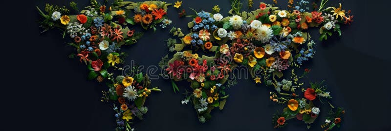 Flower Map, a World Map Made of Flowers on Dark Background Stock Photo ...