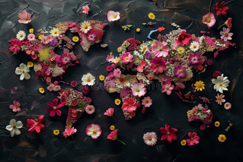 Flower Map, a World Map Made of Flowers on Dark Background Stock Image ...